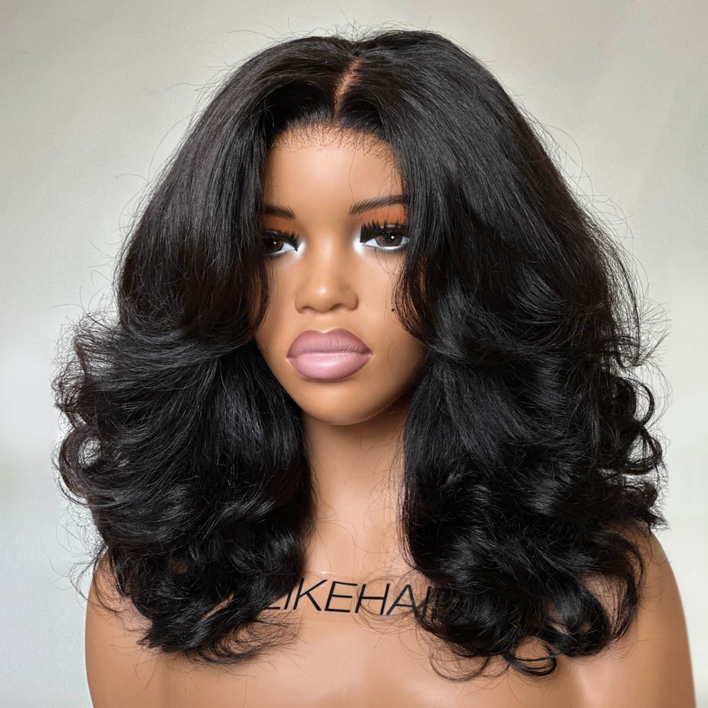 Glueless Layered Wavy Pre-cut With Curtain Bangs 4x4 Lace Closure Wig