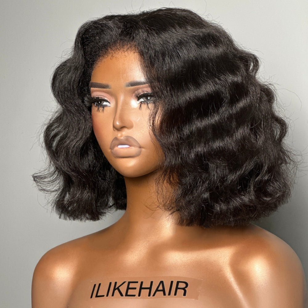 Put on & Go Short Wavy Kinky Edges Bob Pre Cut HD Lace Wig