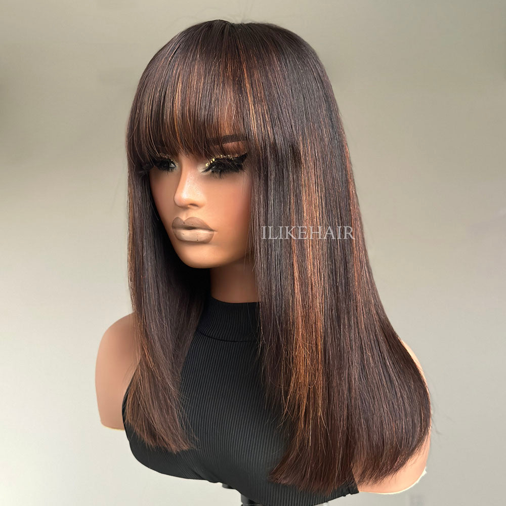 Glueless Highlight Layered Cut Straight 5x5 Lace Closure Wig With Bang
