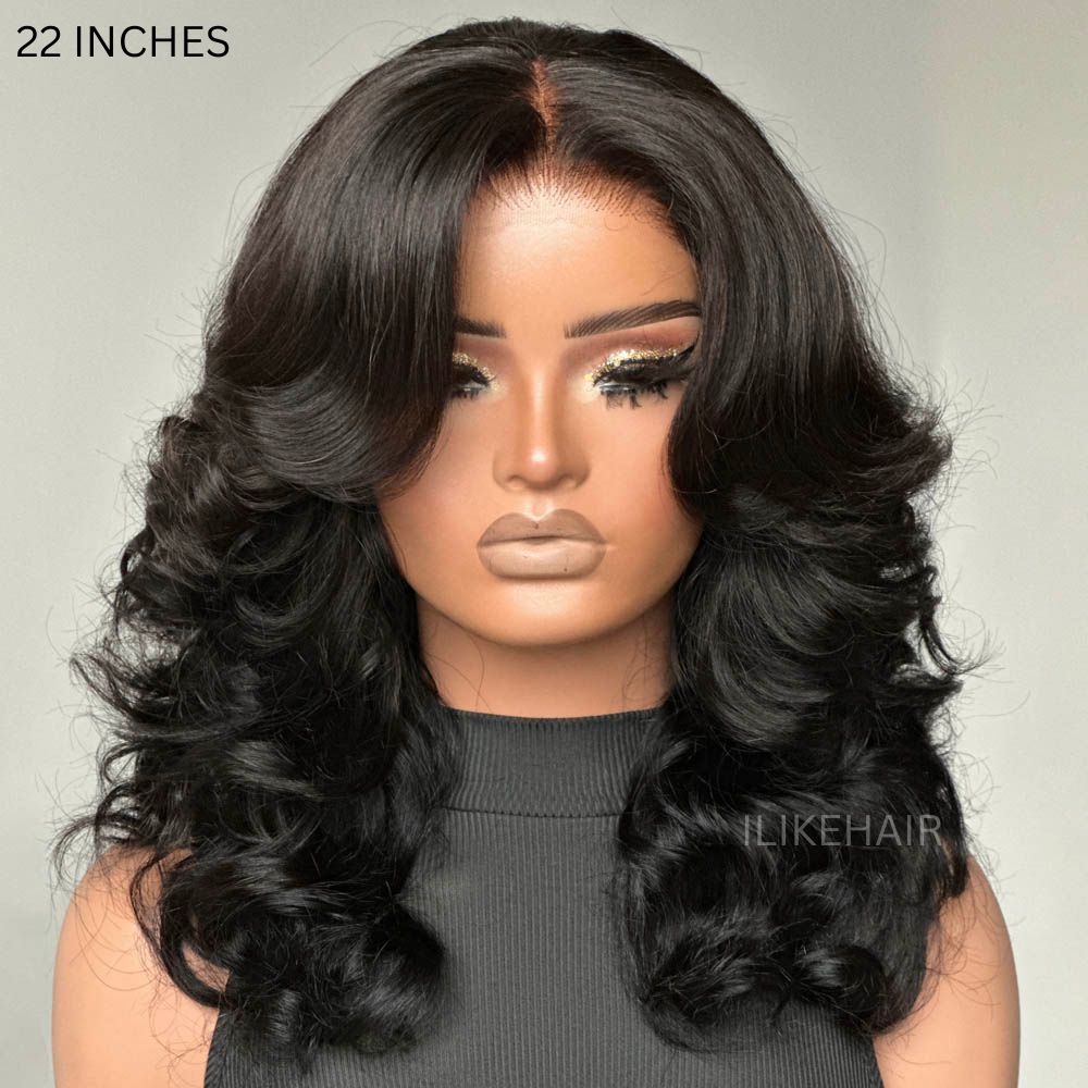 Put on & Go Designer Layered Curtain Bangs Wavy Lace Closure Wig