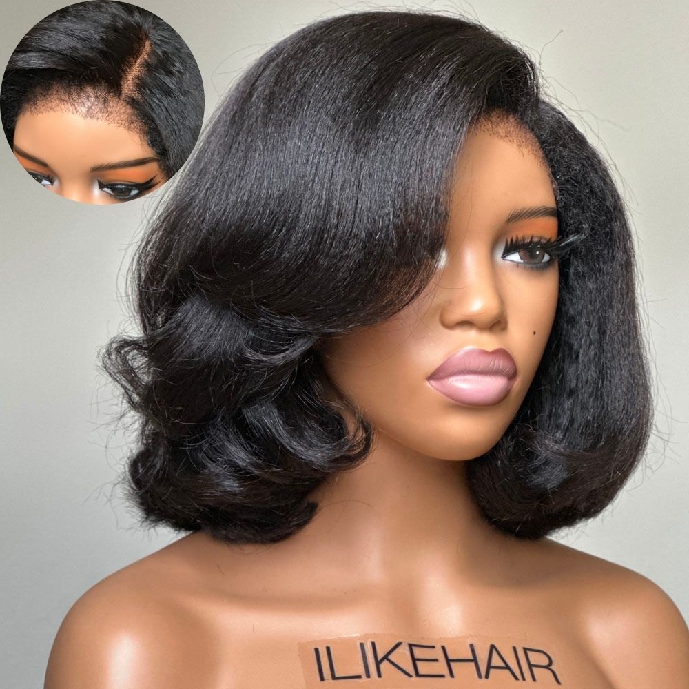 Put on & Go Side Part Short Layered Bob Kinky Edges Wig